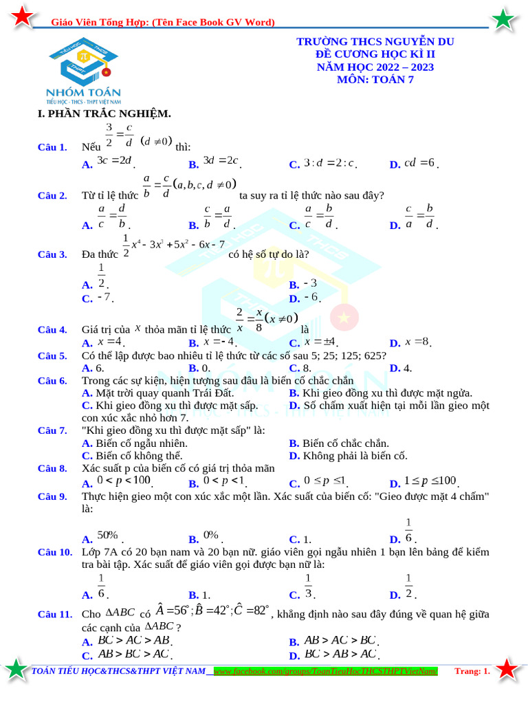 DC TOAN 7 HK2 22 23 TN TL NGUYEN DU D21 To1 THCS VN 1 | PDF