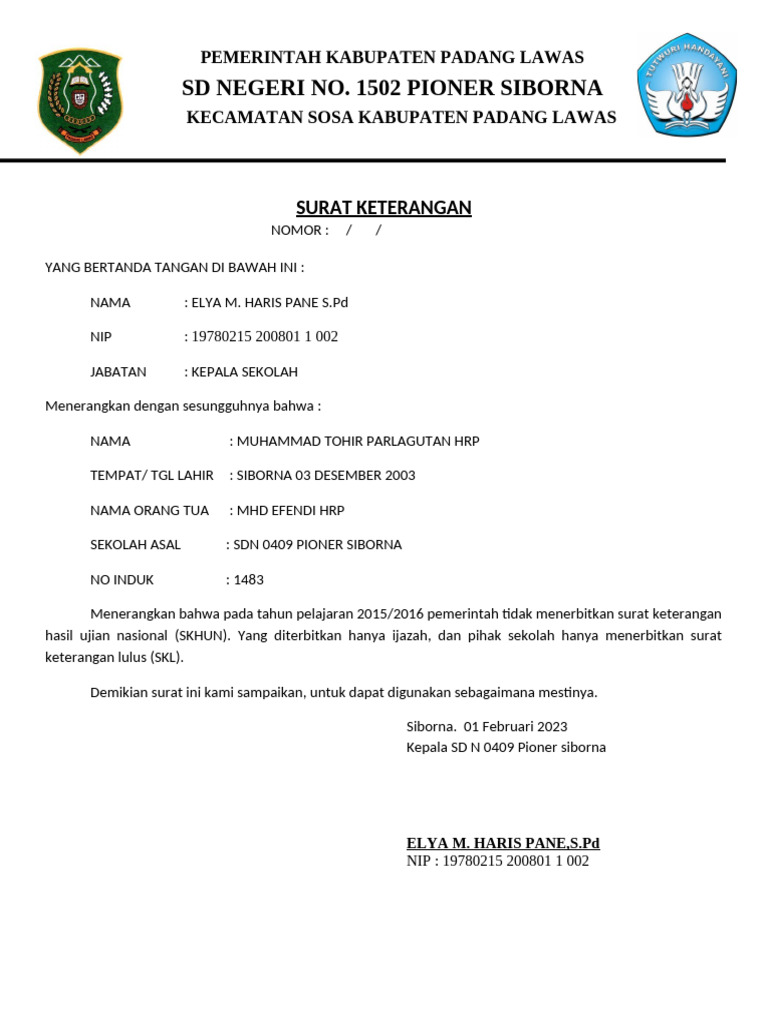 Surat Keterangan Tidak Ada SKHUN | PDF