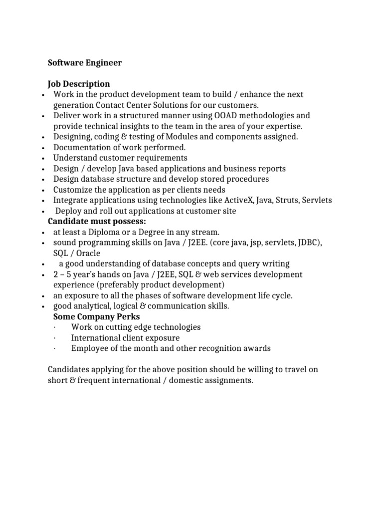 Software Engineer Job Description | PDF
