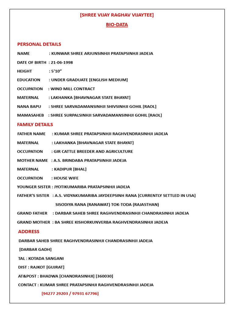 Kunwar Shree Arjunsinhji Jadeja Bio | PDF