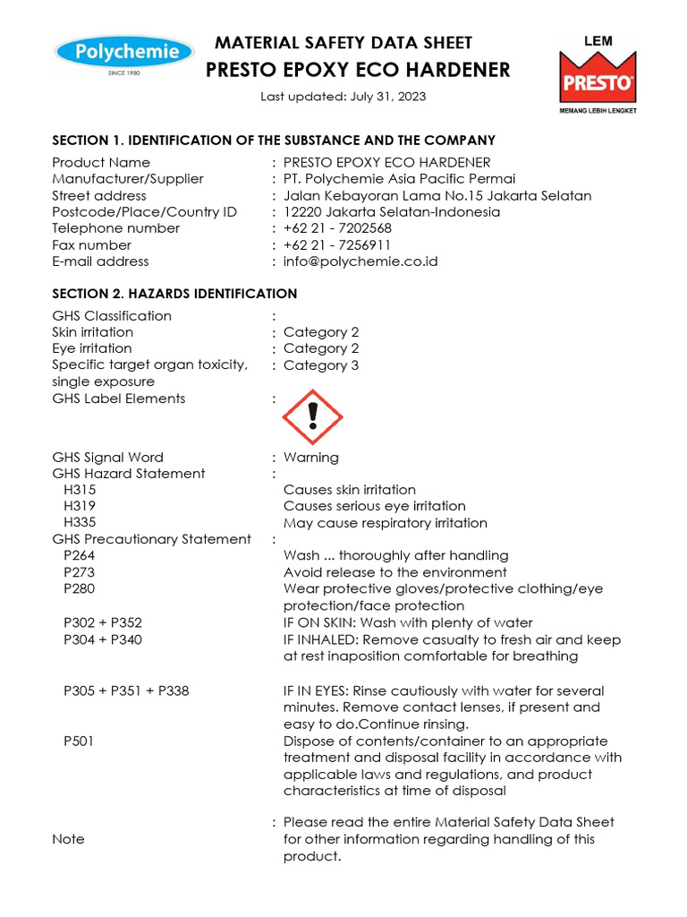 MSDS Presto Epoxy Eco Hardener | PDF | Dangerous Goods | Personal Protective Equipment