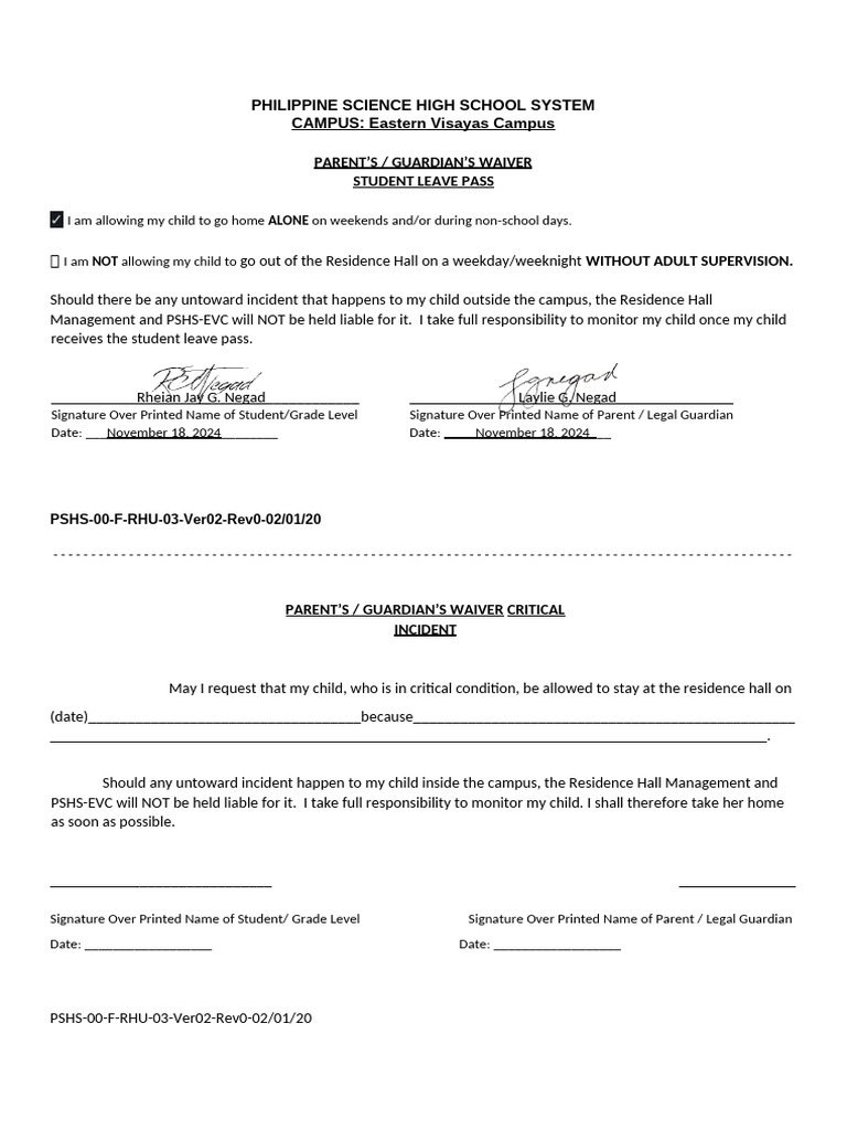 PSHS-00-F-RHU-03-Ver02-Rev0 Parent's - Guardian's Waiver1 | PDF