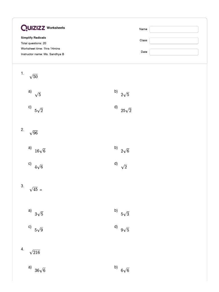 Simplify Radicals - Quizizzhgdfg | PDF