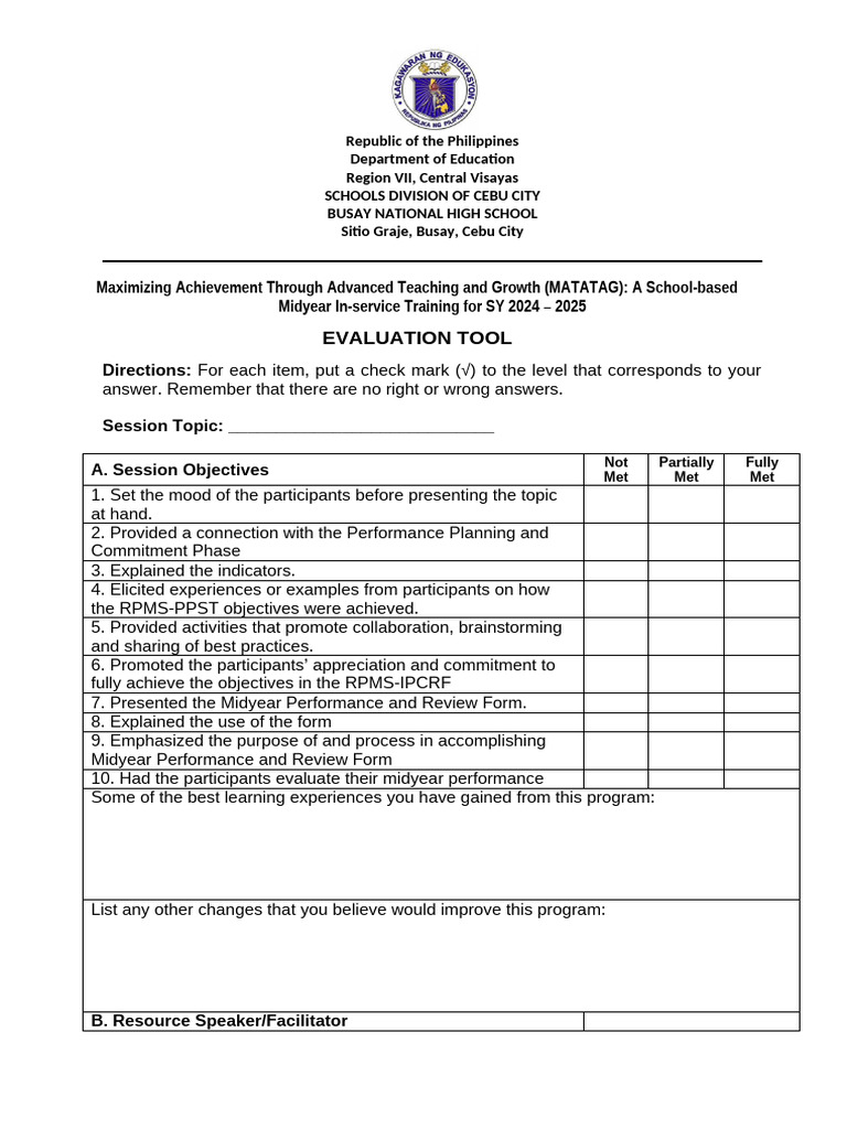 Session Evaluation Tool Pdf Behavior Modification Learning