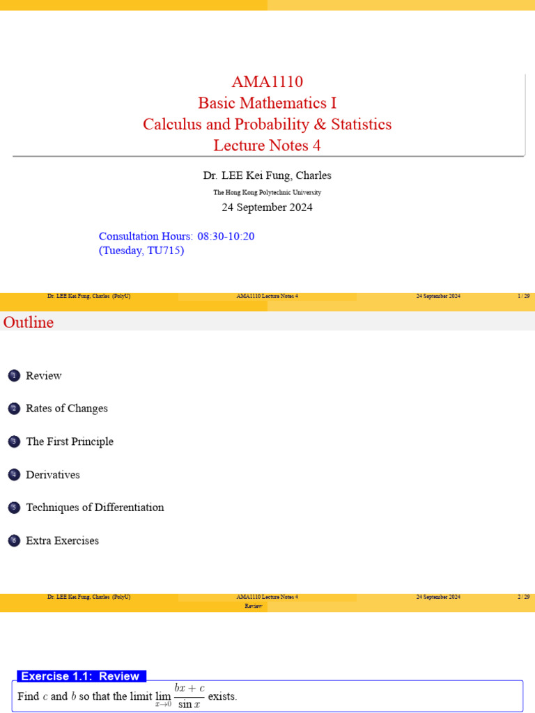 AMA1110 Week4 169 Handout 2024 9 24 | PDF | Derivative | Analysis