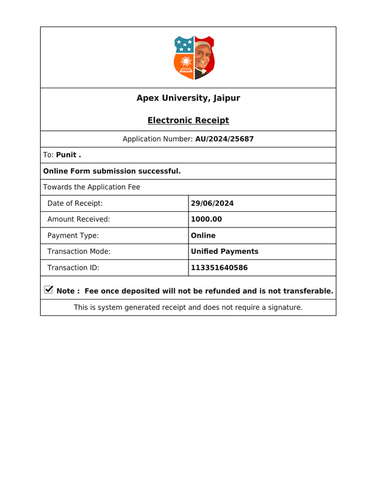 Acknowledgement Receipt AU 2024 25687 | PDF