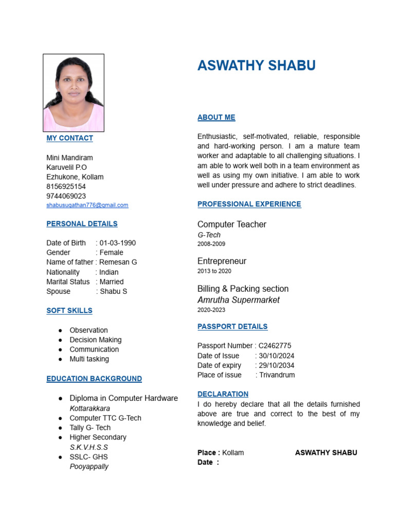 Aswathy Shabu's Personal Profile | PDF