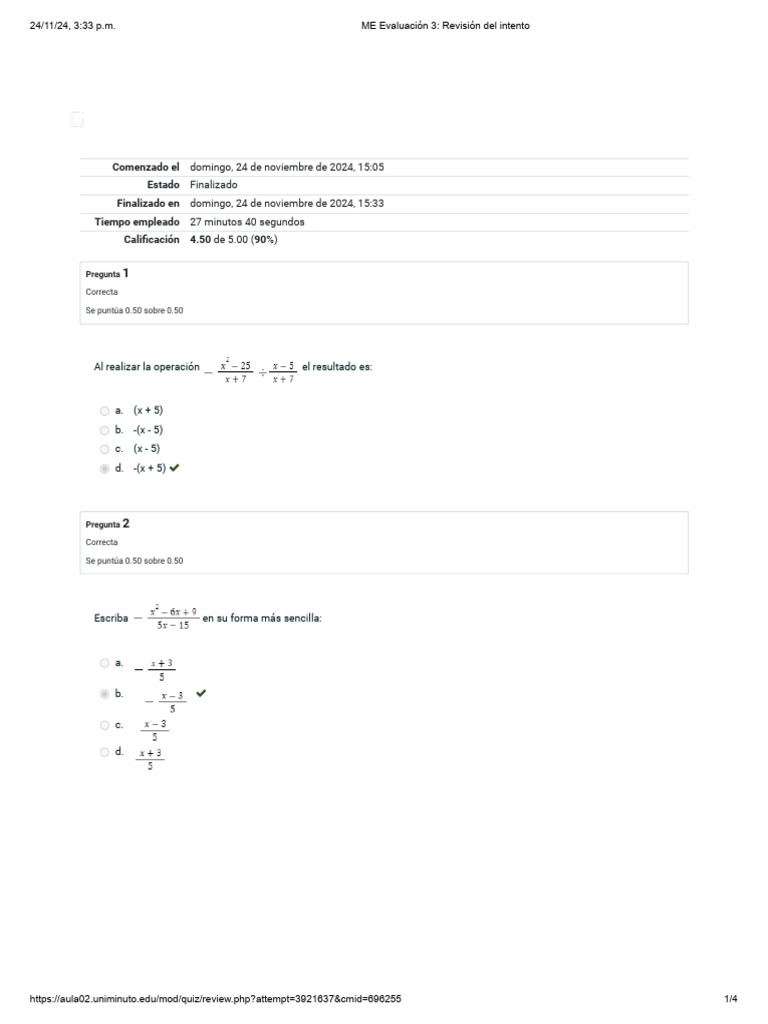 ME Evaluación 3 - Revisión Del Intento PRECALCULO | PDF