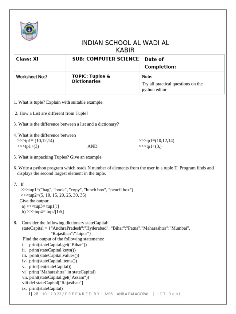900280-CLASS XI - CS-WS7-tuples&dictionary | PDF | Computer Engineering | Software Engineering