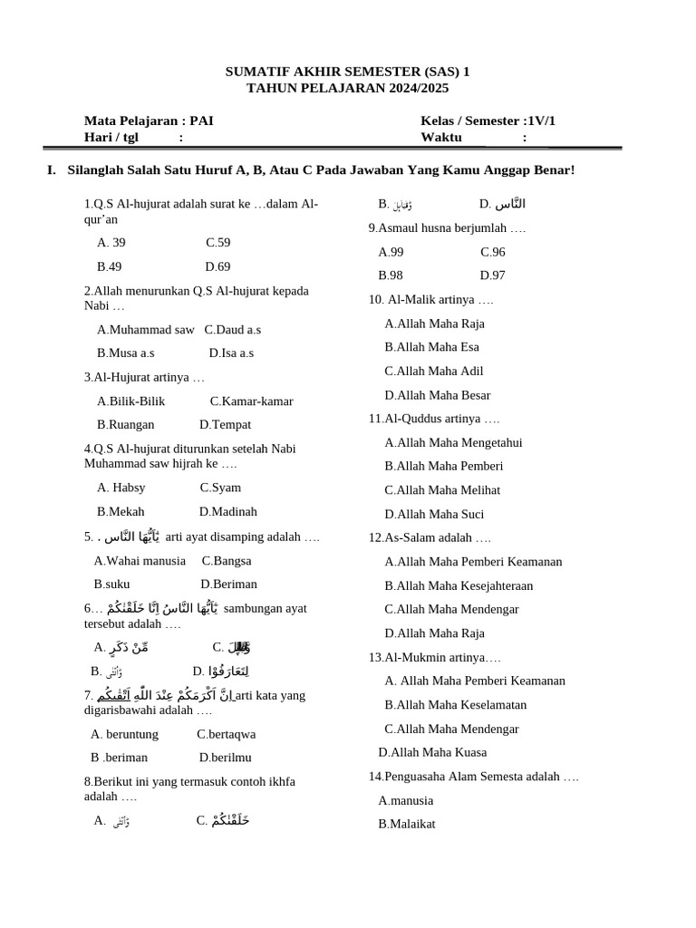 Soal Sumatif PAS PAI Kelas IV Semester 1 | PDF