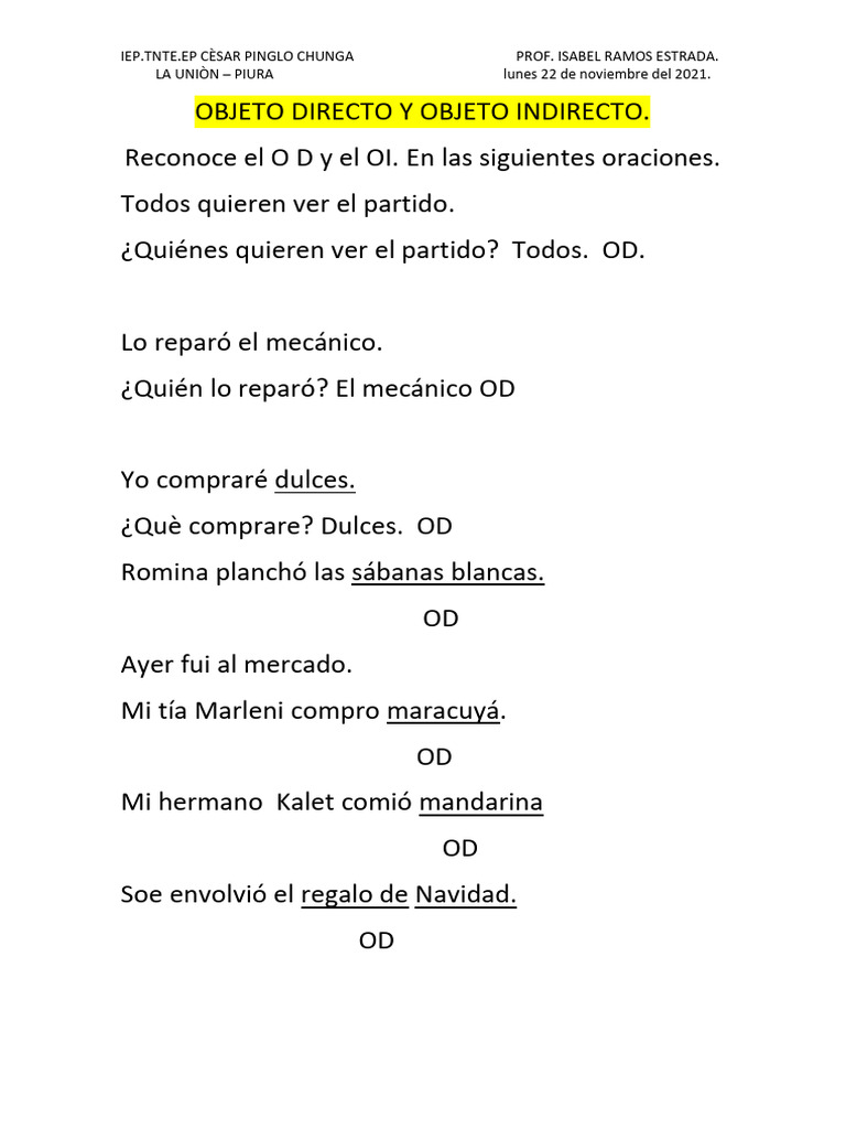Ejercicios de Objeto Directo e Indirecto | PDF