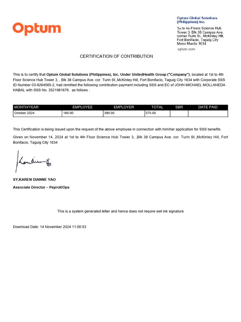 Certification of SSS Contribution Payment | PDF