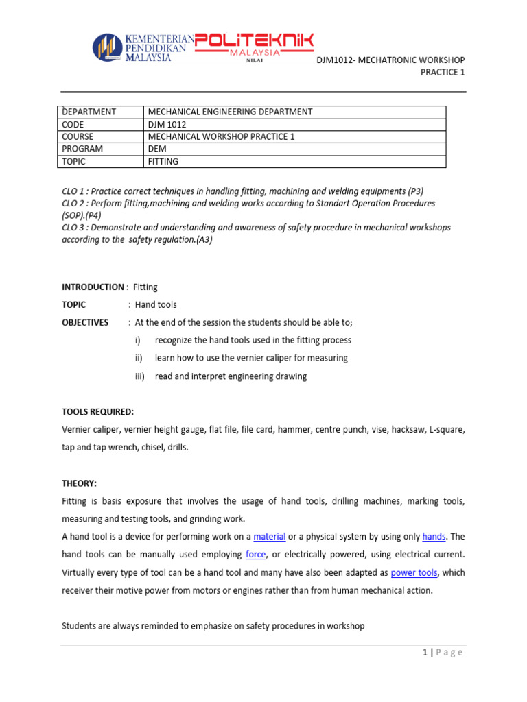 Labsheetdjm1032 Fitting | PDF | Drill | Drilling