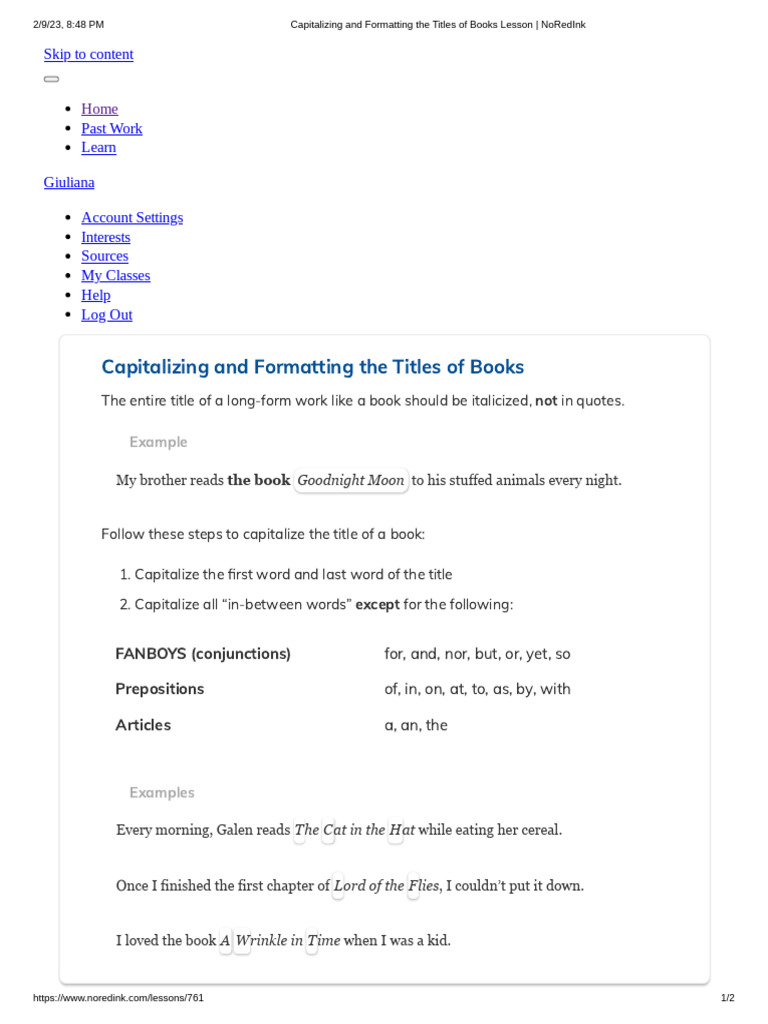 Capitalizing and Formatting The Titles of Books Lesson - NoRedInk | PDF
