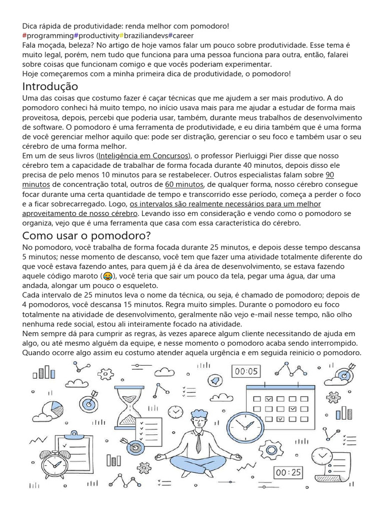 Dica Rápida de Produtividade: Renda Melhor Com Pomodoro! - DEV Community | PDF | Tempo