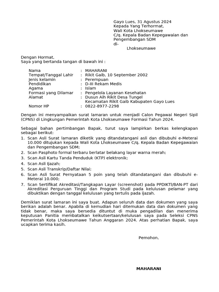 Format Surat Lamaran Dan Pernyataan Lhokseumawe 2024 | PDF