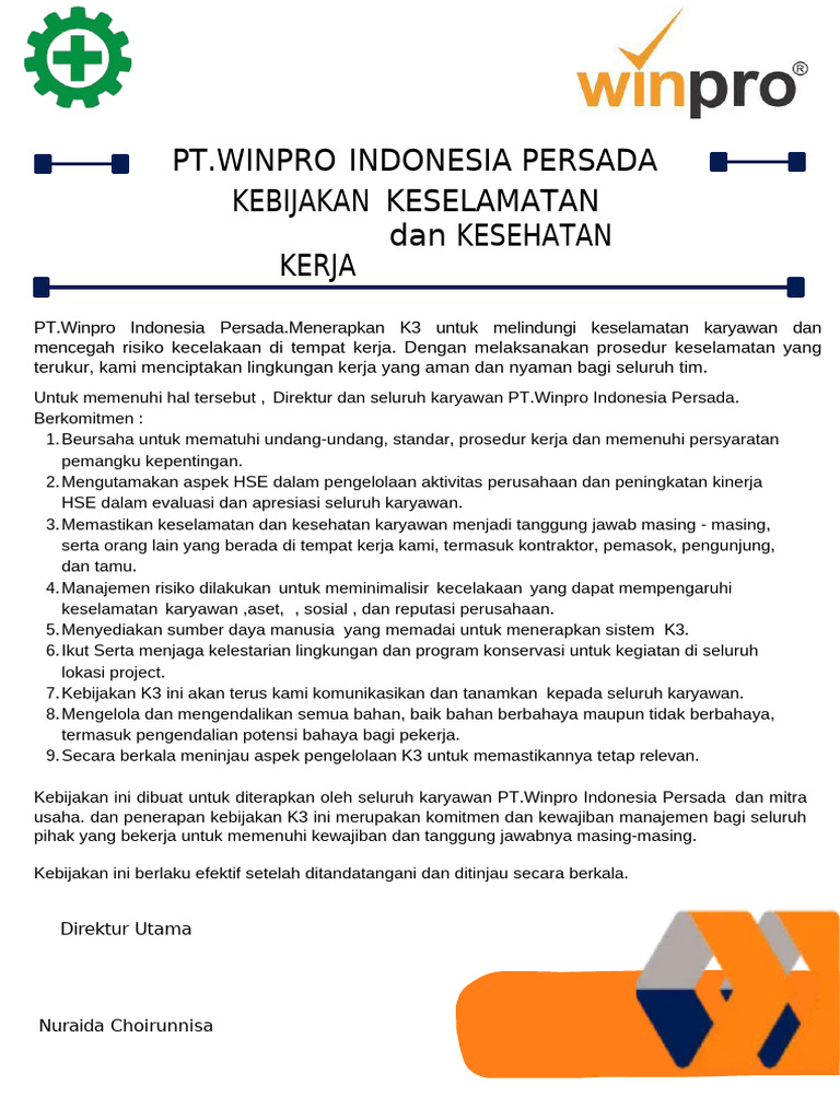 Kebijakan k3 PT - WINPRO INDONESIA PERSDA | PDF