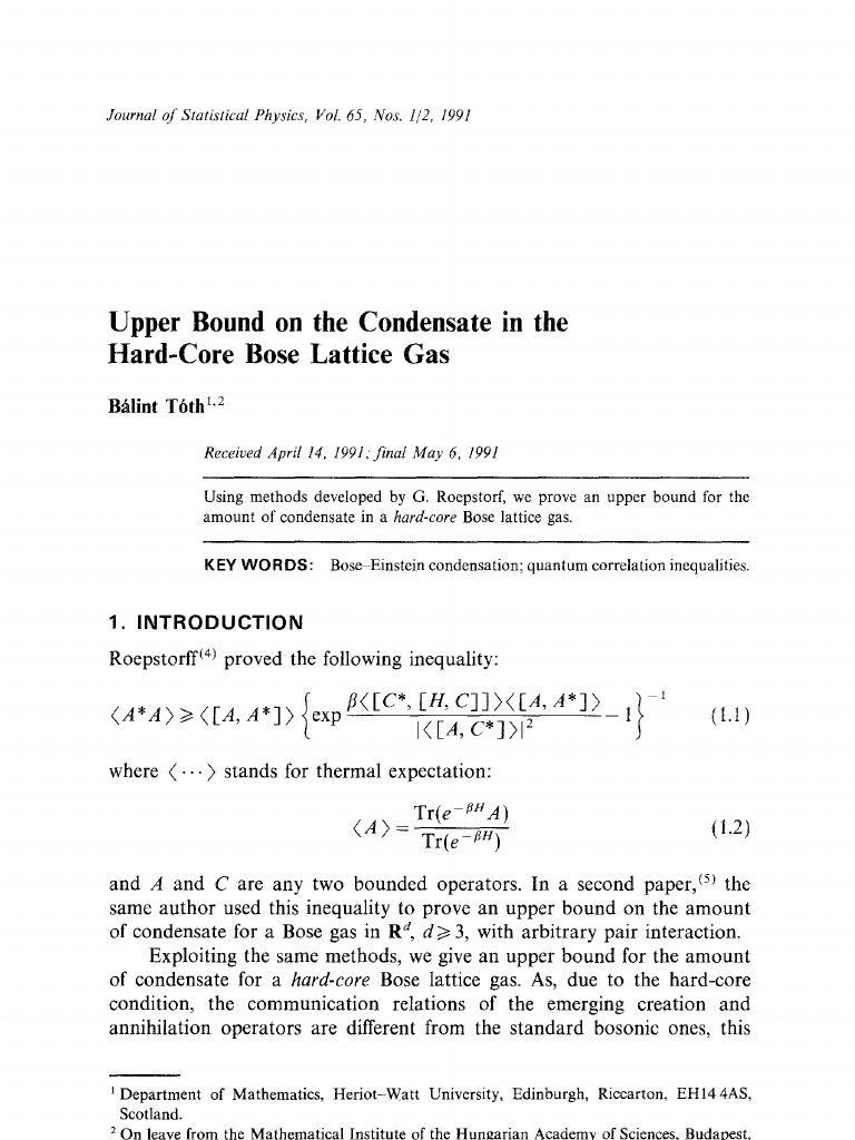 Balint Toth - Upper Bound On The Condensate in The Hard-Core Bose ...