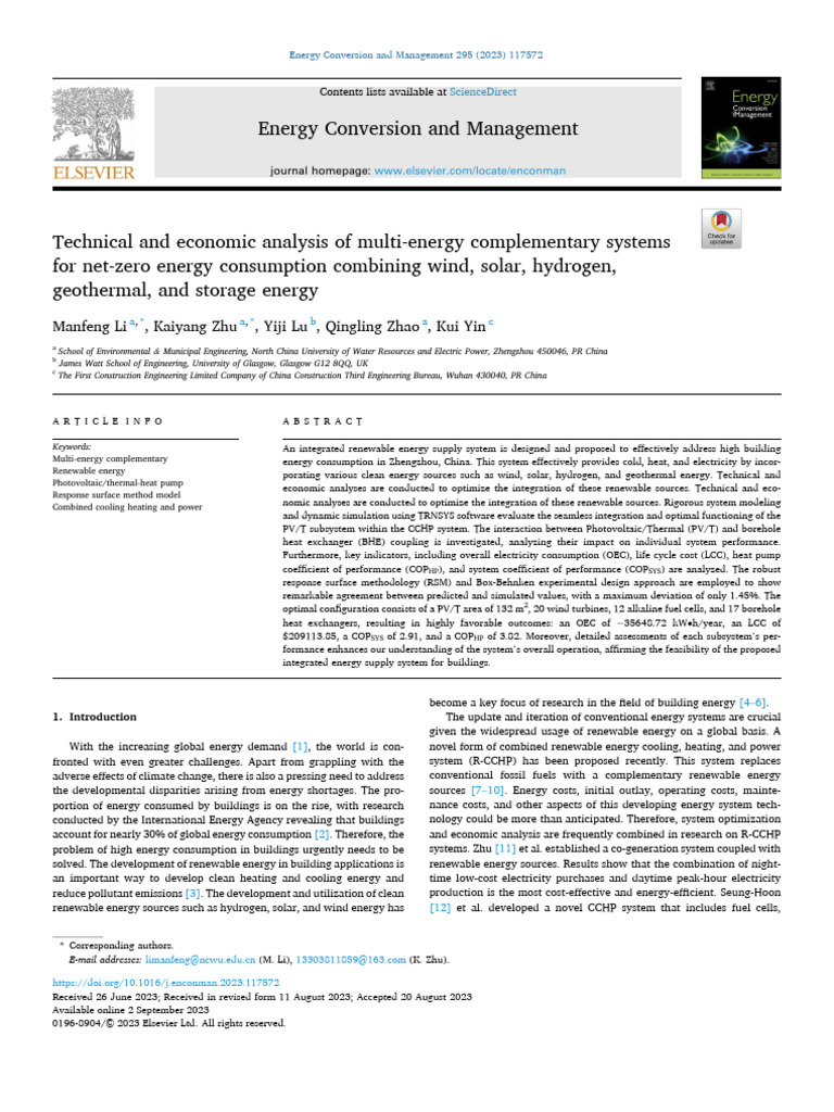 Technical and Economic Analysis of Multi-Energy Complementary Systems ...