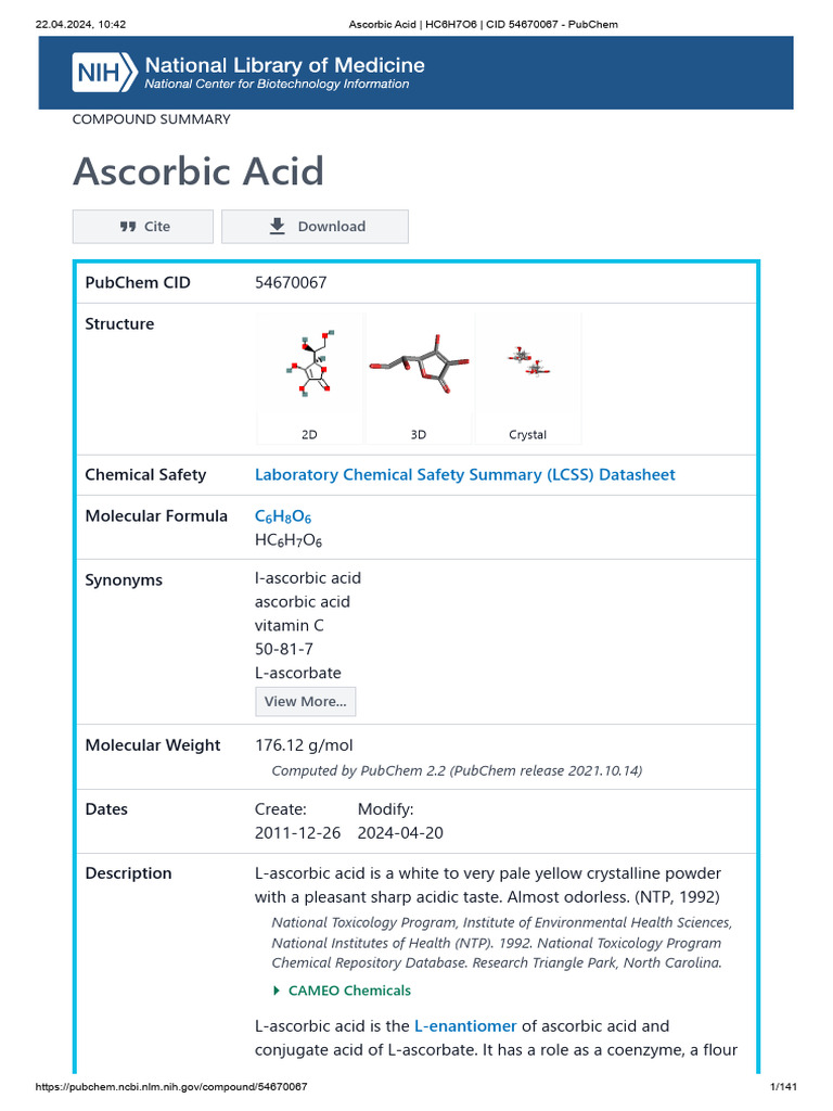 Ascorbic Acid: Pubchem Cid Structure | PDF | Vitamin C | Chemical Substances
