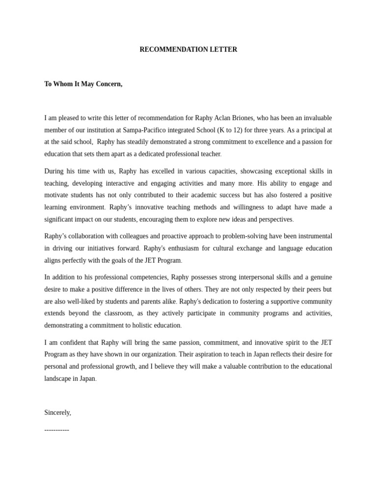 Recommendation Letter-Jet Program | PDF | Teachers | Creativity