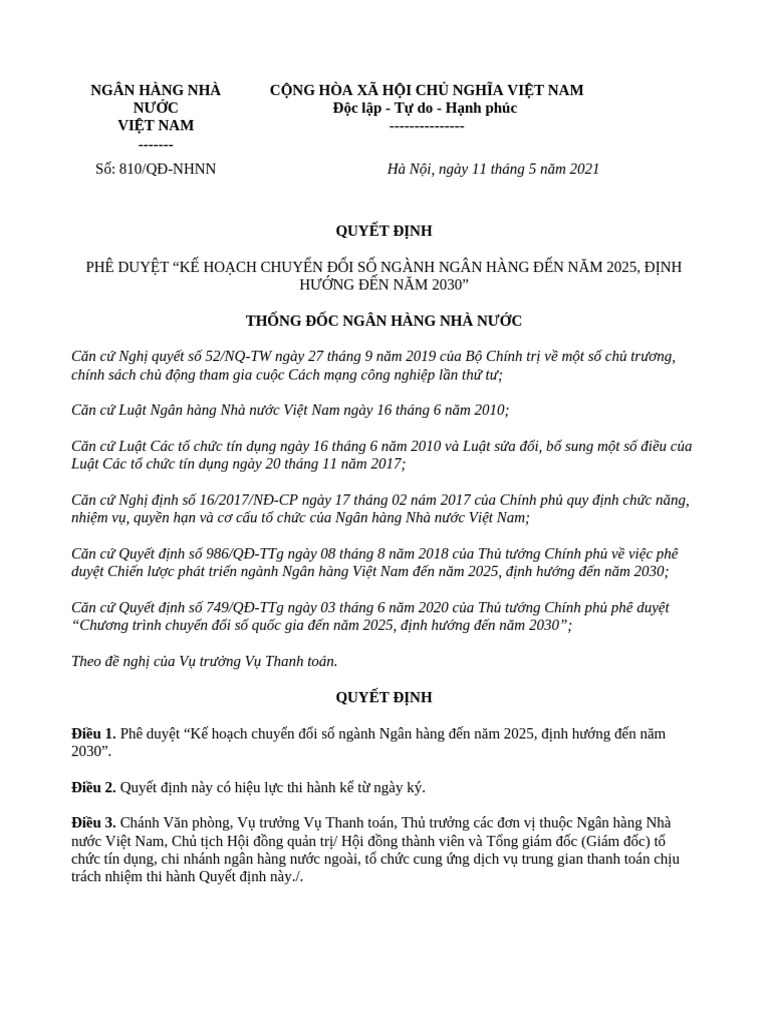 810 - qd-Nhnn Kế Hoạch Chuyển Đổi Số Ngành Ngân Hàng Đến Năm 2025, Định Hướng Đến Năm 2030 | PDF