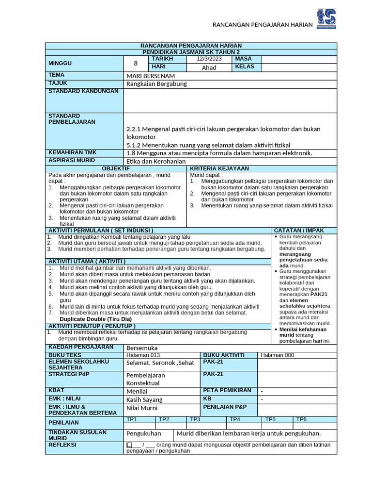 RPH Minggu 8 Pendidikan Jasmani THN 2 2023 by Cikgu Gorgeous | PDF