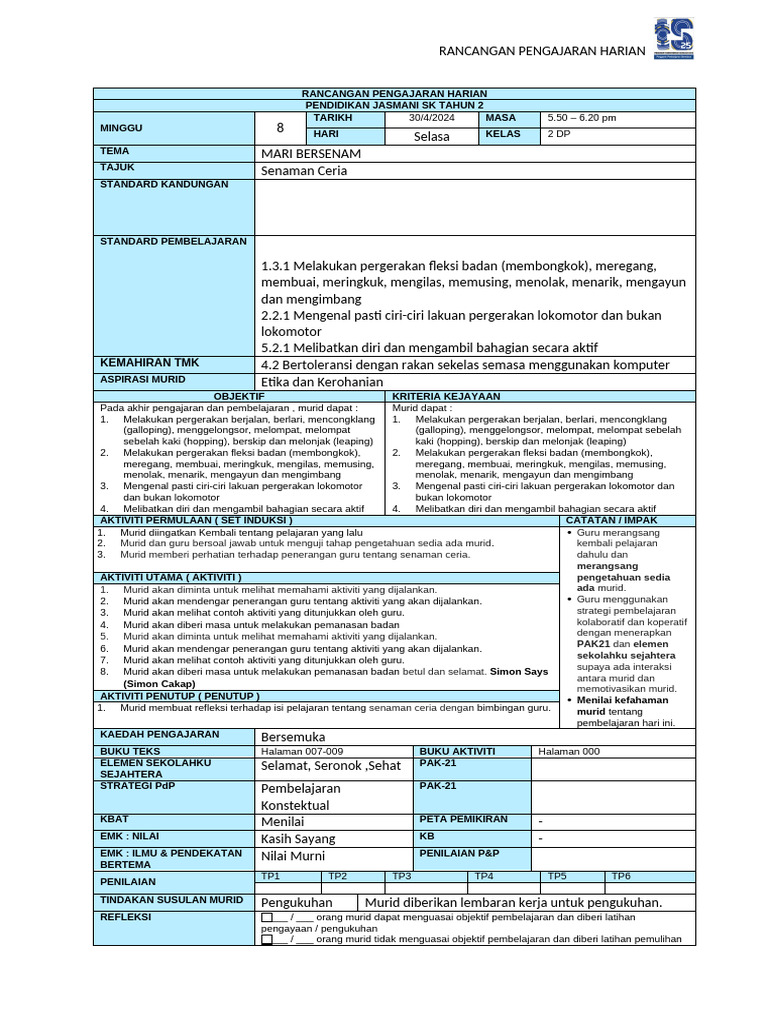 RPH Minggu 3 Pendidikan Jasmani THN 2 2023 by Cikgu Gorgeous | PDF