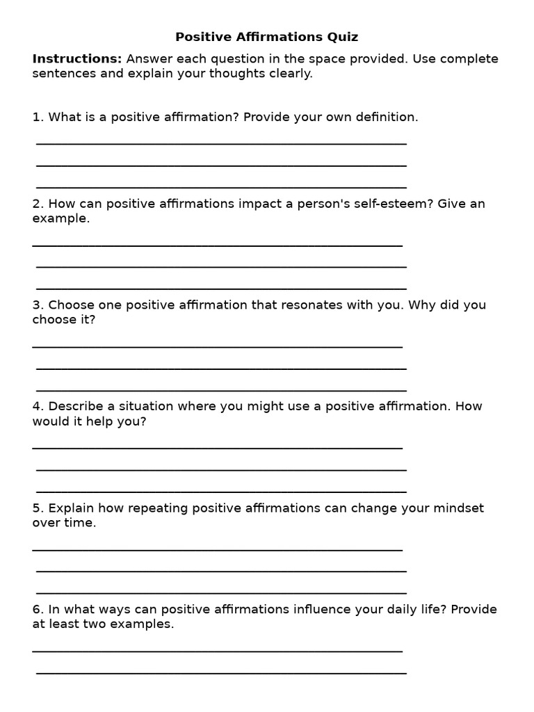 Positive Affirmations Quiz | PDF | Thought | Affirmations (New Age)