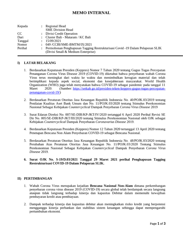 Memo Penghapusan Tagging Restrukturisasi Covid 19 (Lunas) | PDF
