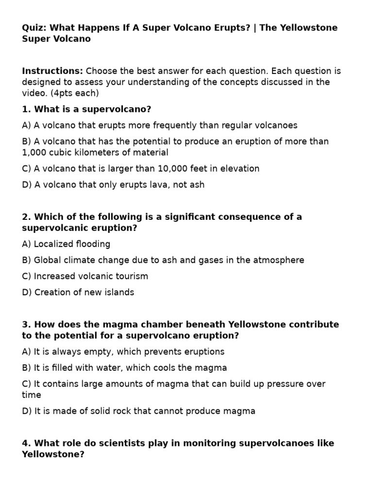 Supervolcano Quiz | PDF | Volcano | Types Of Volcanic Eruptions