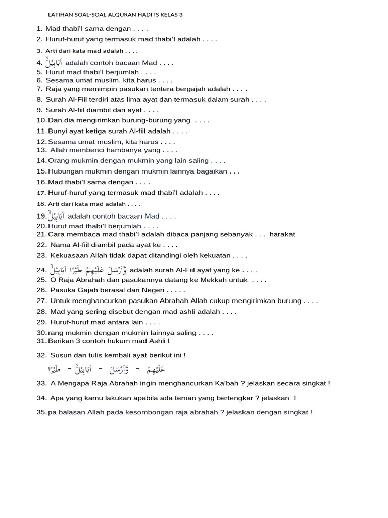 Latihan Soal Pas Qurdis Kelas 3 | PDF
