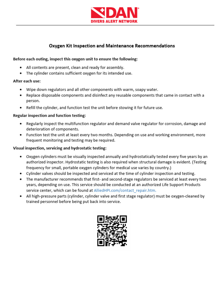 DAN Oxygen Kit Inspection and Maintenance Recommendations | PDF
