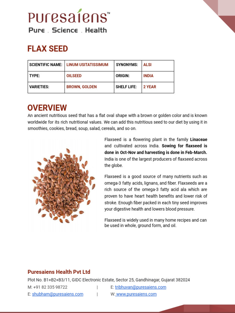 Flax Seed Specification Sheet | PDF | Flax | Magnesium
