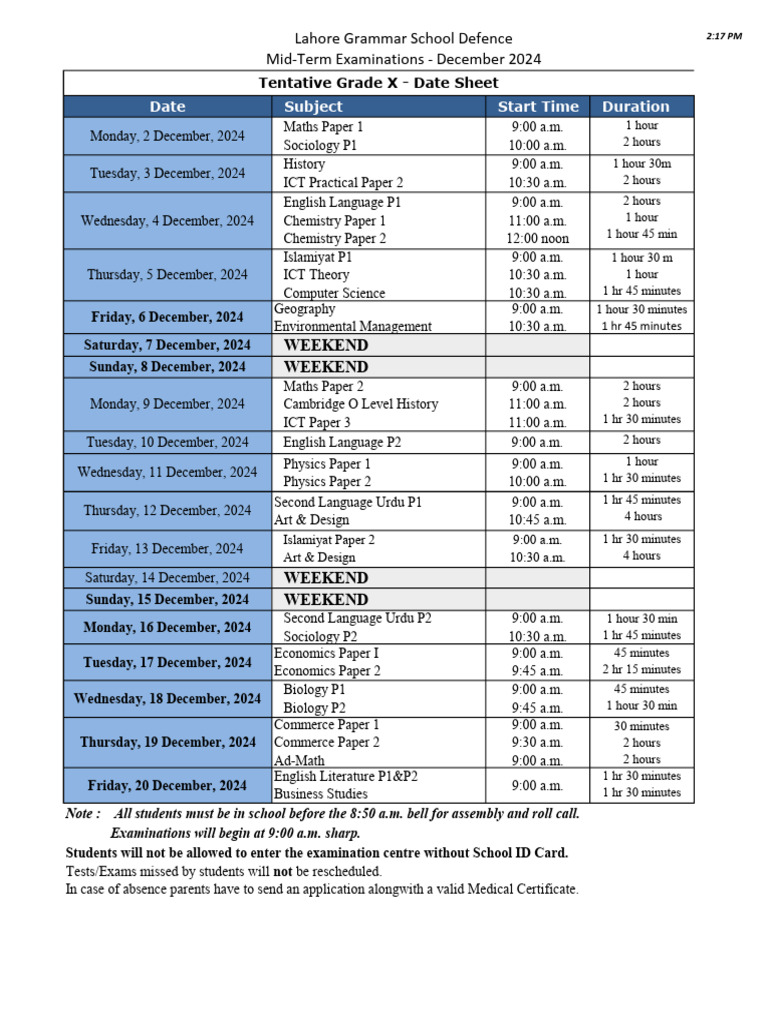 Grade X Syllabus and Date Sheet | PDF