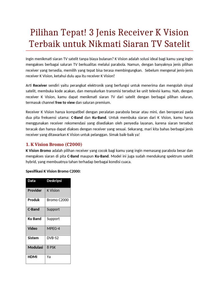 Jenis Receiver K Vision untuk TV Satelit | PDF
