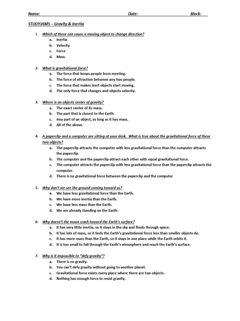 Gravity and Inertia Study Guide | PDF | Force | Gravity