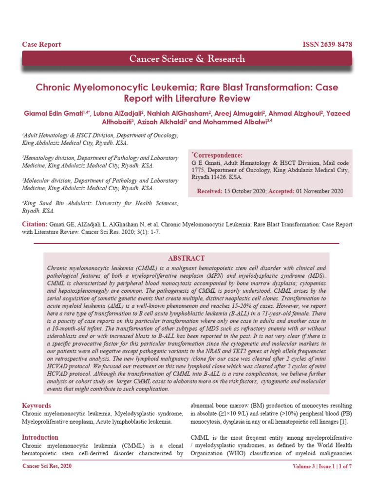 Chronic Myelomonocytic Leukemia Rare Blast Transformation: Case Report With Literature Review ...