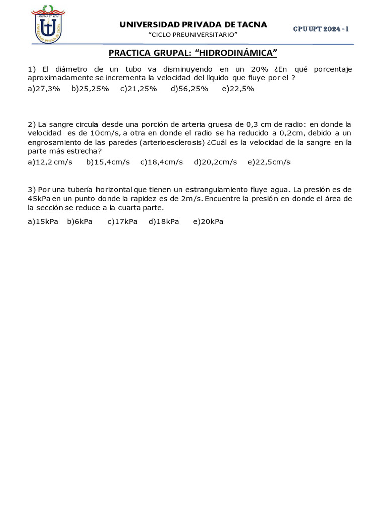 PRACTICA GRUPAL 1E Hidrodinámica | PDF