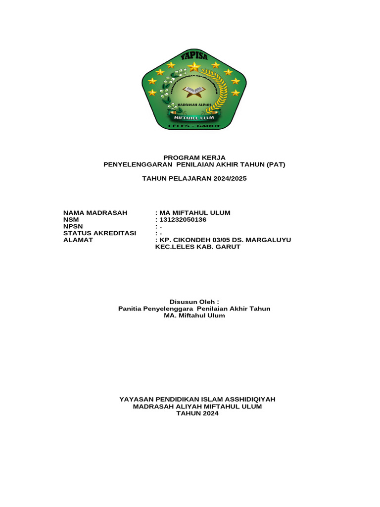 Program Kerja PAT MA Miftahul Ulum 2024/2025 | PDF