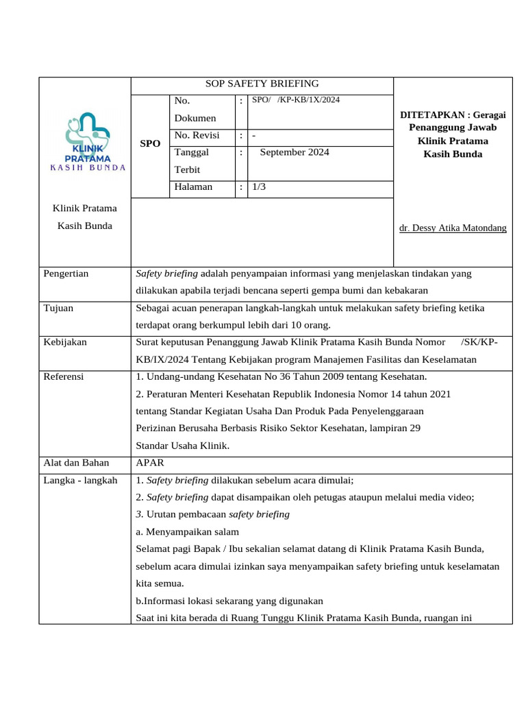 Prosedur Safety Briefing Klinik Kasih Bunda | PDF