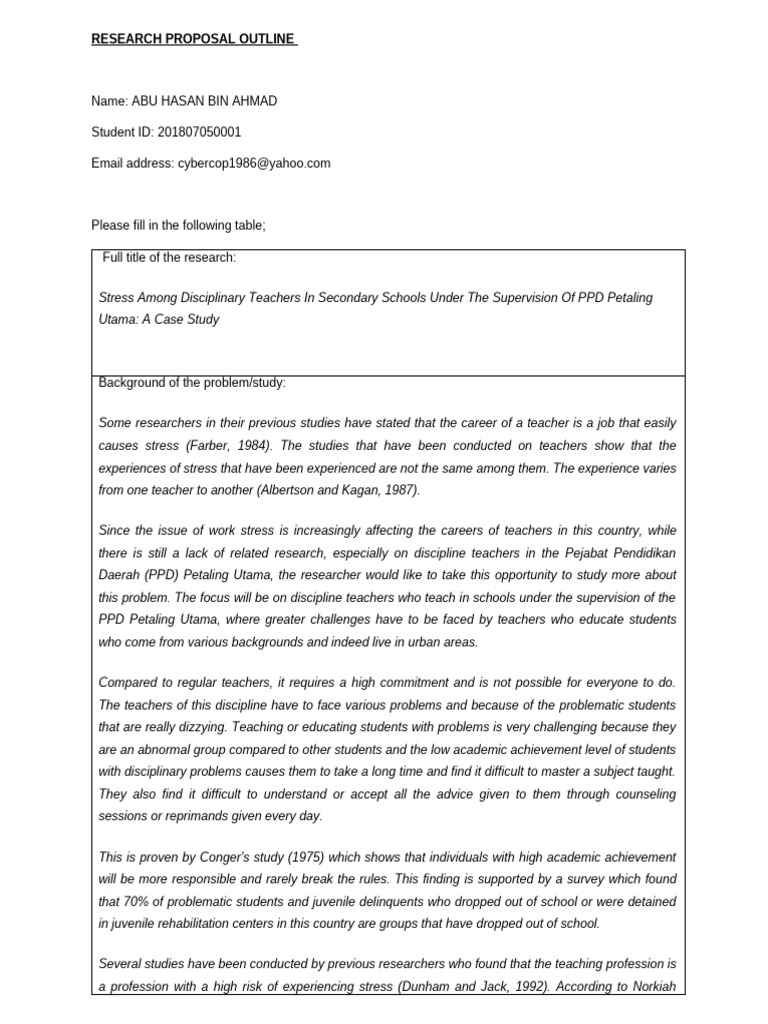 Research Proposal Outline | PDF | Teachers | Survey Methodology