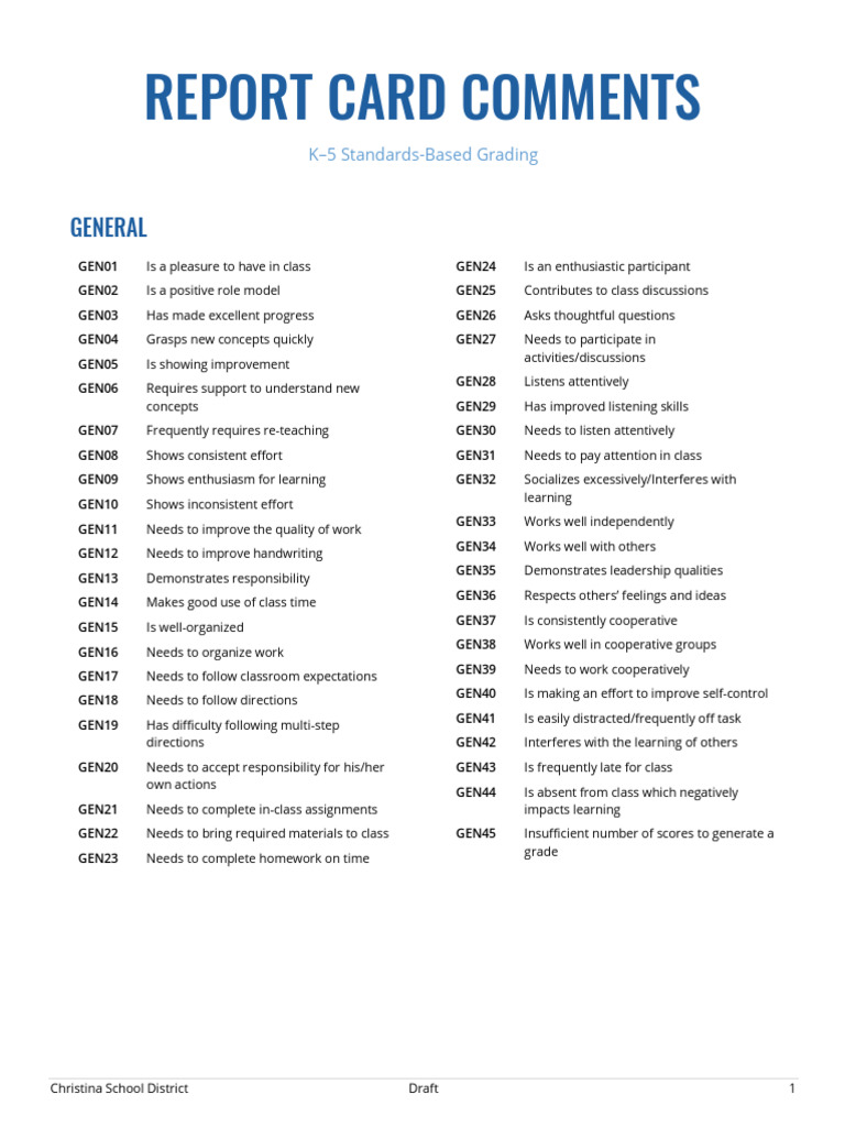 2018-08-14 Standards-Based Grading Proposal-Comment Codes | PDF ...