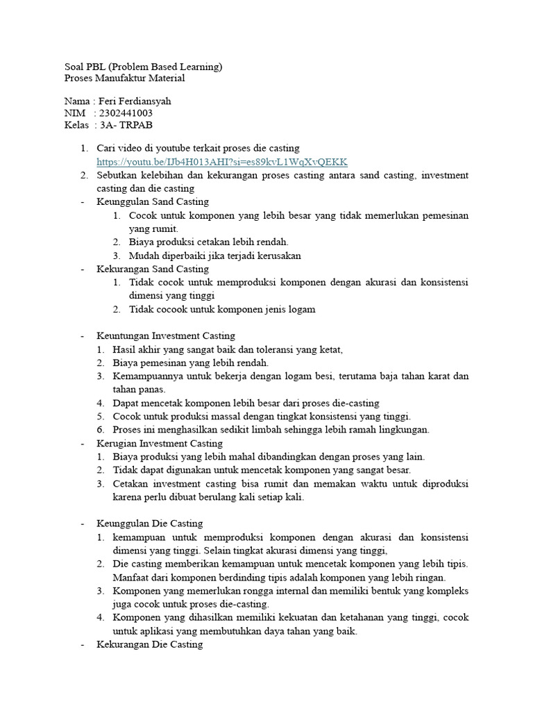 Soal PBL Proses Manufaktur - Feri Ferdiansyah - 2302441003 - 3a | PDF