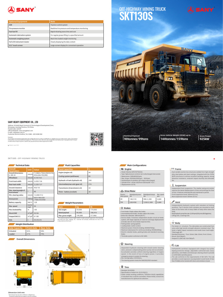 SANY SKT130S Off-Highway Mining Truck - 160259 | PDF | Brake | Transportation Engineering