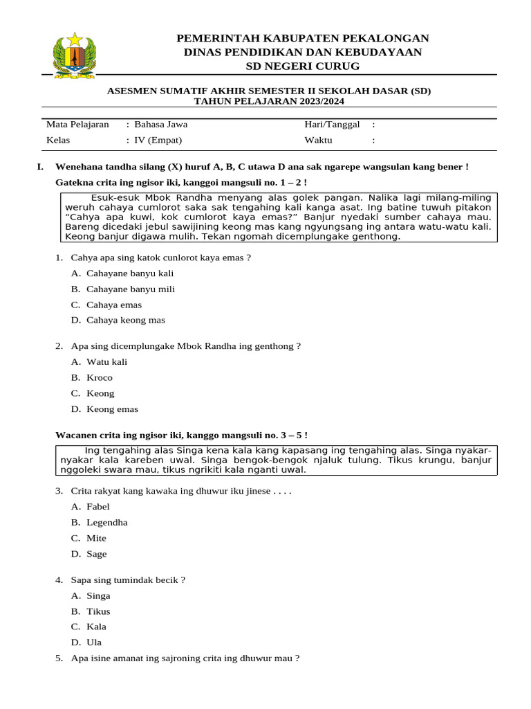 Soal B. Jawa 4 SDN Curug | PDF