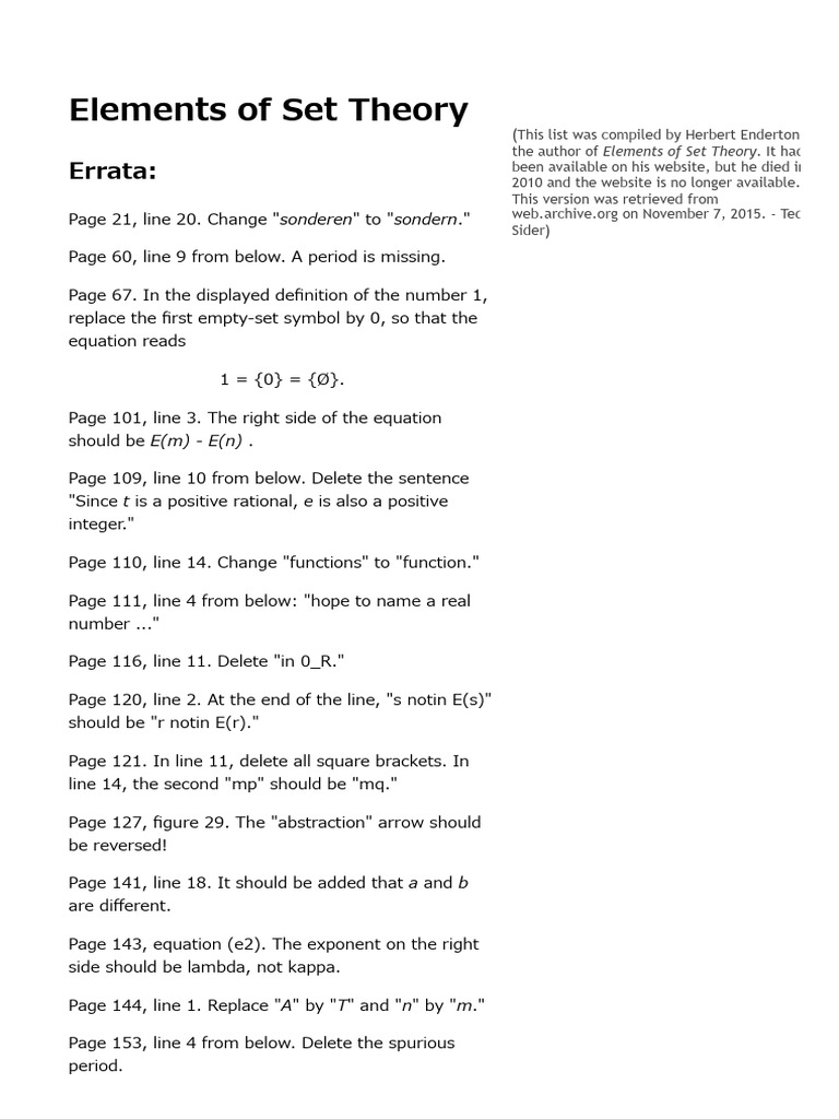 Archive Of Endertons Set Theory Book Errata Pdf Mathematical 5667