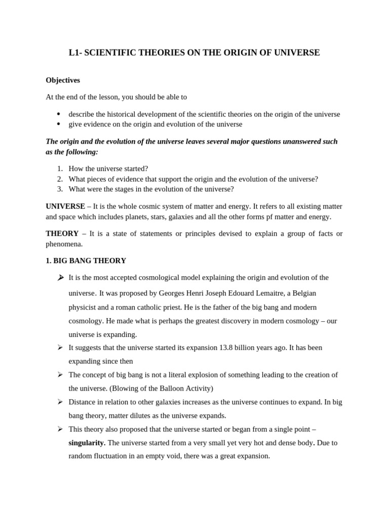 S11 Q1 L1 Origin of Universe | PDF | Big Bang | Universe