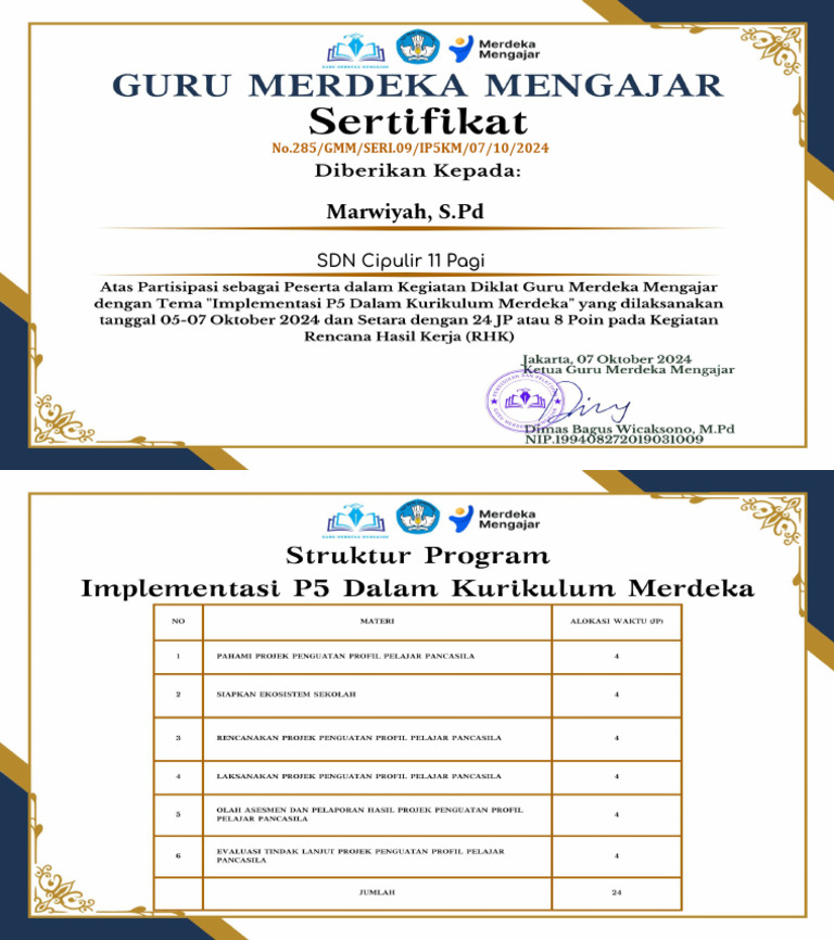 Marwiyah, S.PD SDN Cipulir 11 Pagi E-SERTIFIKAT DIKLAT GMM SERI-09 | PDF