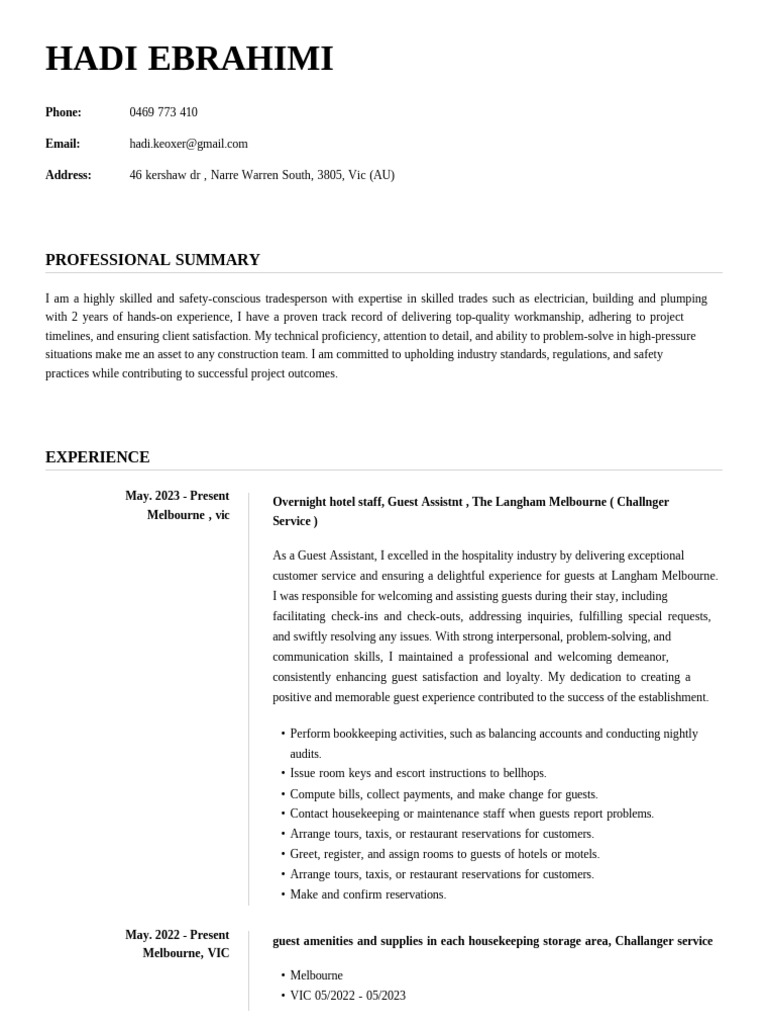 Hadi+ Ebrahimi+ Resume 3+copy 2 | PDF | Housekeeping
